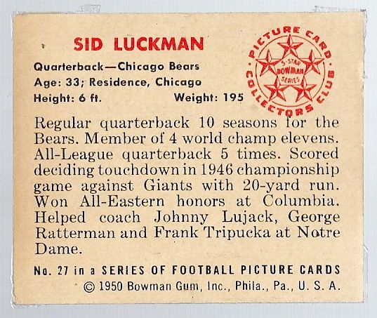 Lot Detail - 1950 Sid Luckman (HOF) Bowman Football Card Lot Detail - 1950 Sid Luckman (HOF) Bowman Football Card